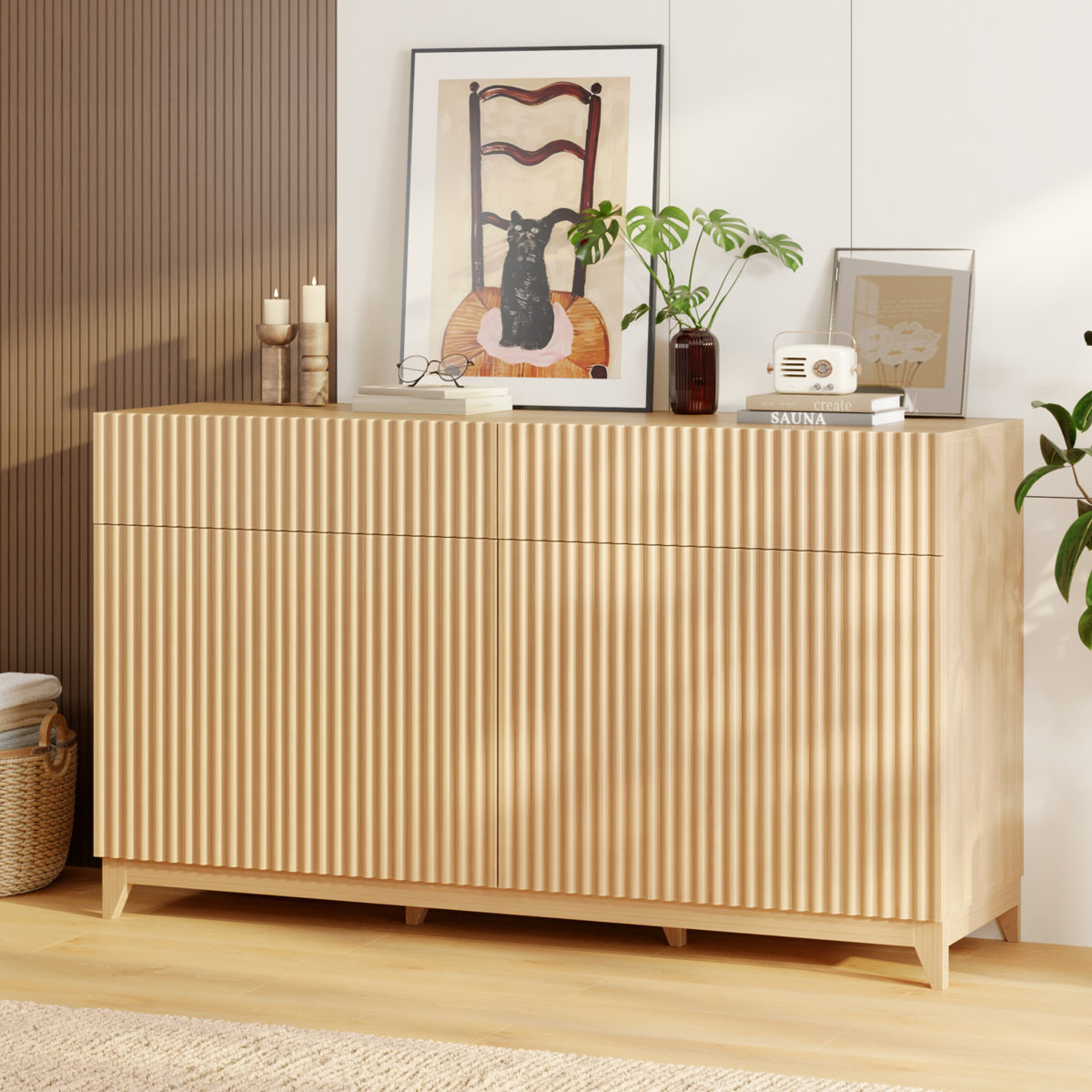 Ebern Designs 63" Fluted Storage Cabinet Sideboard Buffet With Adjustable Shelves, Wood Credenza ...